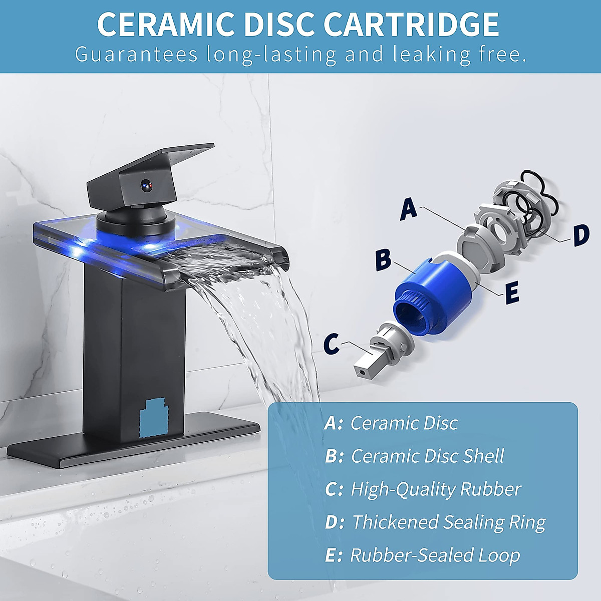 Y-Garhe LED Bathroom Sink Faucet - Matte Black Single Hole or 4 Inch Centerset Waterfall Faucet with Glass Spout and Temperature-Sensitive LED Lights, Includes Deck Plate