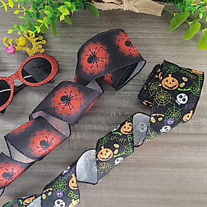 WOOPSOO 5Rolls Halloween Wired Edge Ribbon Spider Web Bat Ribbon Ghost Ribbon Halloween Wired Polyester Ribbon 2.5 Inch x 32 Yards, Present Wrapping Crafts,Autumn Wreath Home Decoration