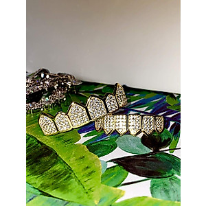 14k Joker Gold Grillz for Mouth Top Bottom Hip Hop Teeth Grills for Mouth Grillz for Mouth Top Bottom Hip Hop 8 Teeth Grills for Teeth Mouth Set - Teeth Cap, Iced Grillz 6 Teeth Top & Bottom Set