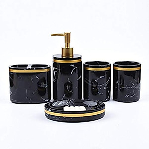 Gold Trim Resin Bathroom Accessories Set, 5 Piece Bathroom Sets Includes Soap Dispenser Pump, Divided Toothbrush Holder Pump, 2 Rinsing Cup, Soap Dish (Black)