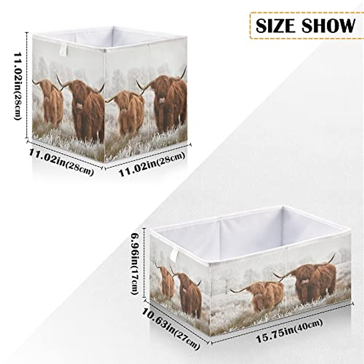 Highland Cow Storage Baskets for Shelves Foldable Collapsible Storage Box Bins with Waterproof Fabric Closet Organizers for Pantry Clothes Storage Toys, Books, Home, Office,16 x 11inch