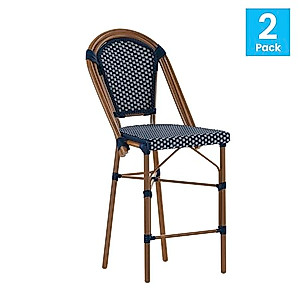 Flash Furniture Bordeaux Commercial Grade Bistro Counter Height Stool, Stackable Indoor/Outdoor Dining Stool, 26" High, Set of 2, Navy/White and Natural Finish