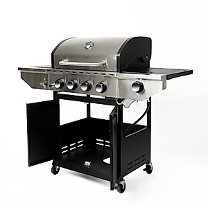 HESIEU Propane Grill 4 Burner Grill Stainless Steel Gas Grill with Side Burner and Thermometer One Touch Electronic Ignition System with Four Wheels for Outdoor BBQ, Camping