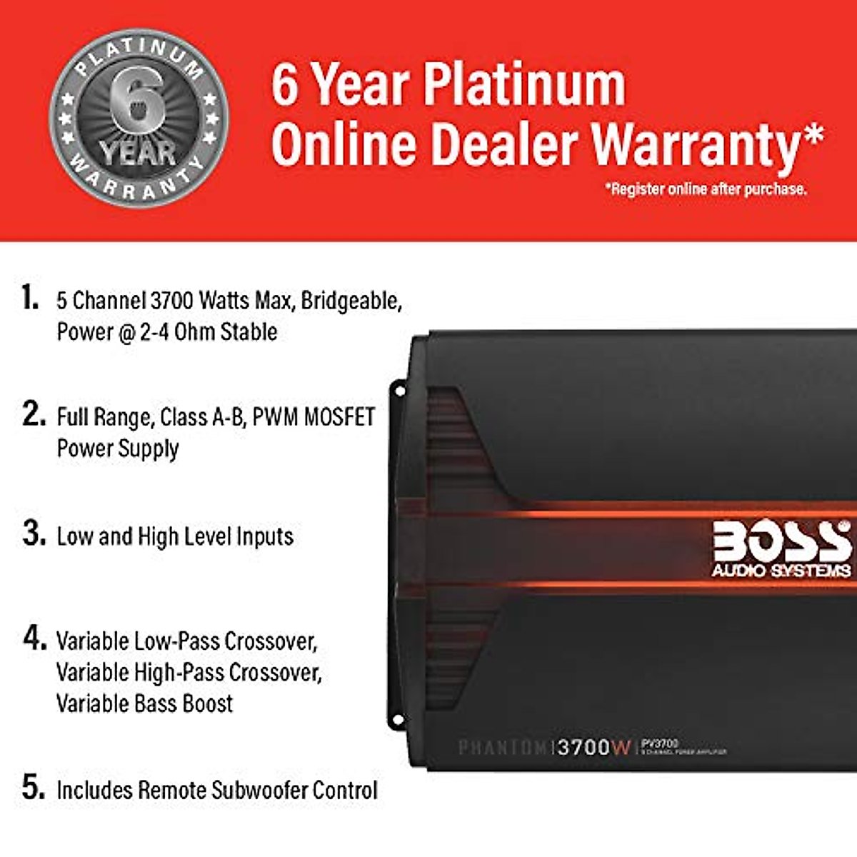 BOSS Audio Systems PV3700 5 Channel Car Stereo Amplifier – 3700 High Output, 5 Channel, 2/4 Ohm Stable, Low/High Level Inputs, High/Low Pass Crossover, Full Range, Bridgeable, for Subwoofer