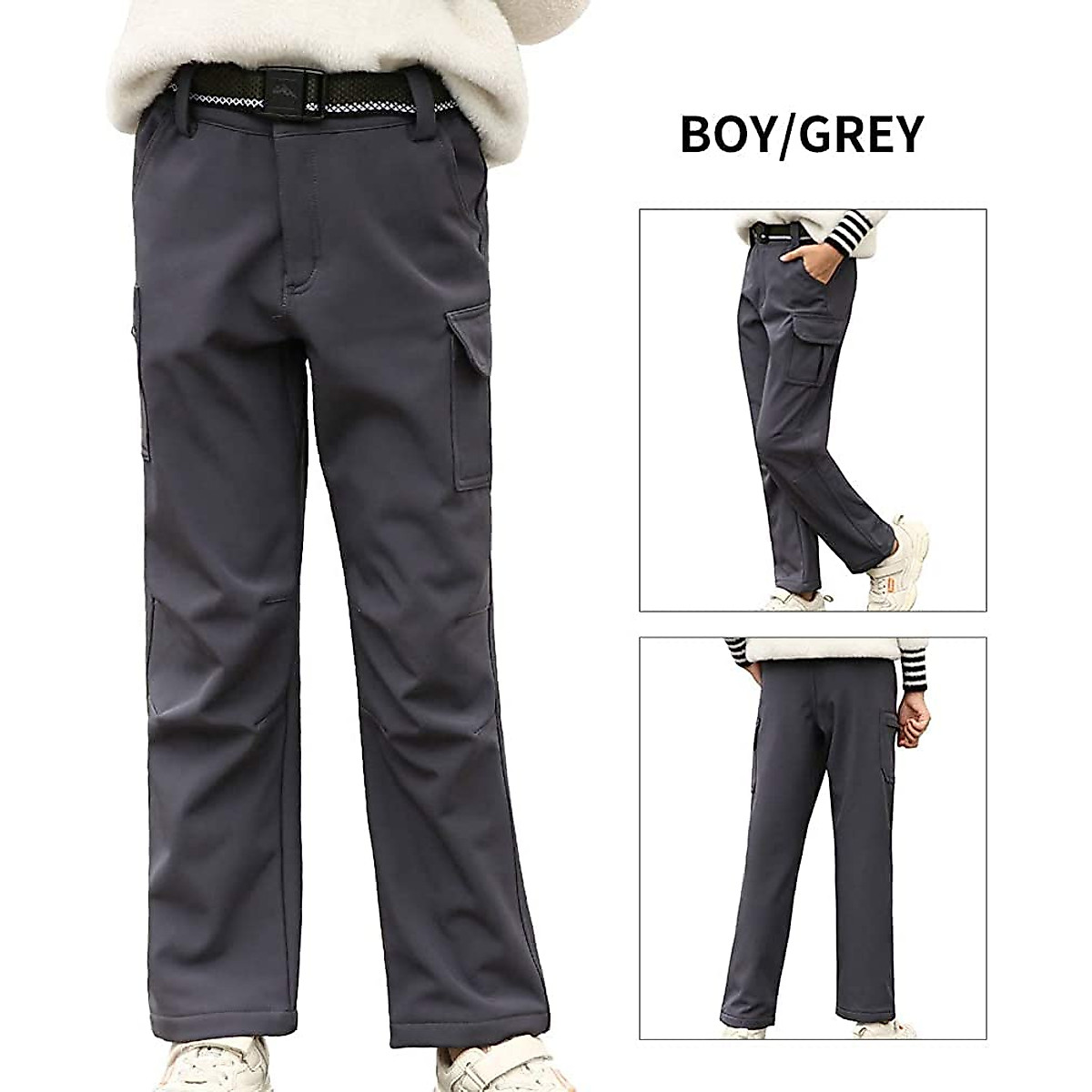 JOMLUN Kids Boy's Youth Fleece Lined Hiking Pants Outdoor Soft shell Snow Ski Waterproof Windproof Warm Cargo Insulated Pants Winter