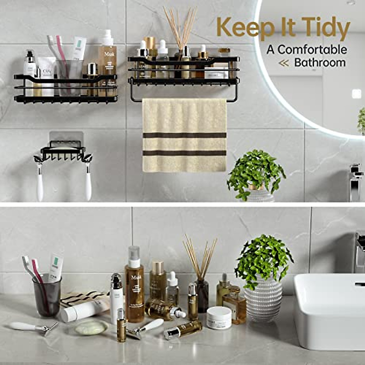 TOPCHASE Shower Caddy, Shower Organizer Adhesive, Shower Shelves 3 Pack No Drilling, Rustproof Shower Rack With Soap Holder, Black Shower Storage Basket for Inside Shower Bathroom Organization