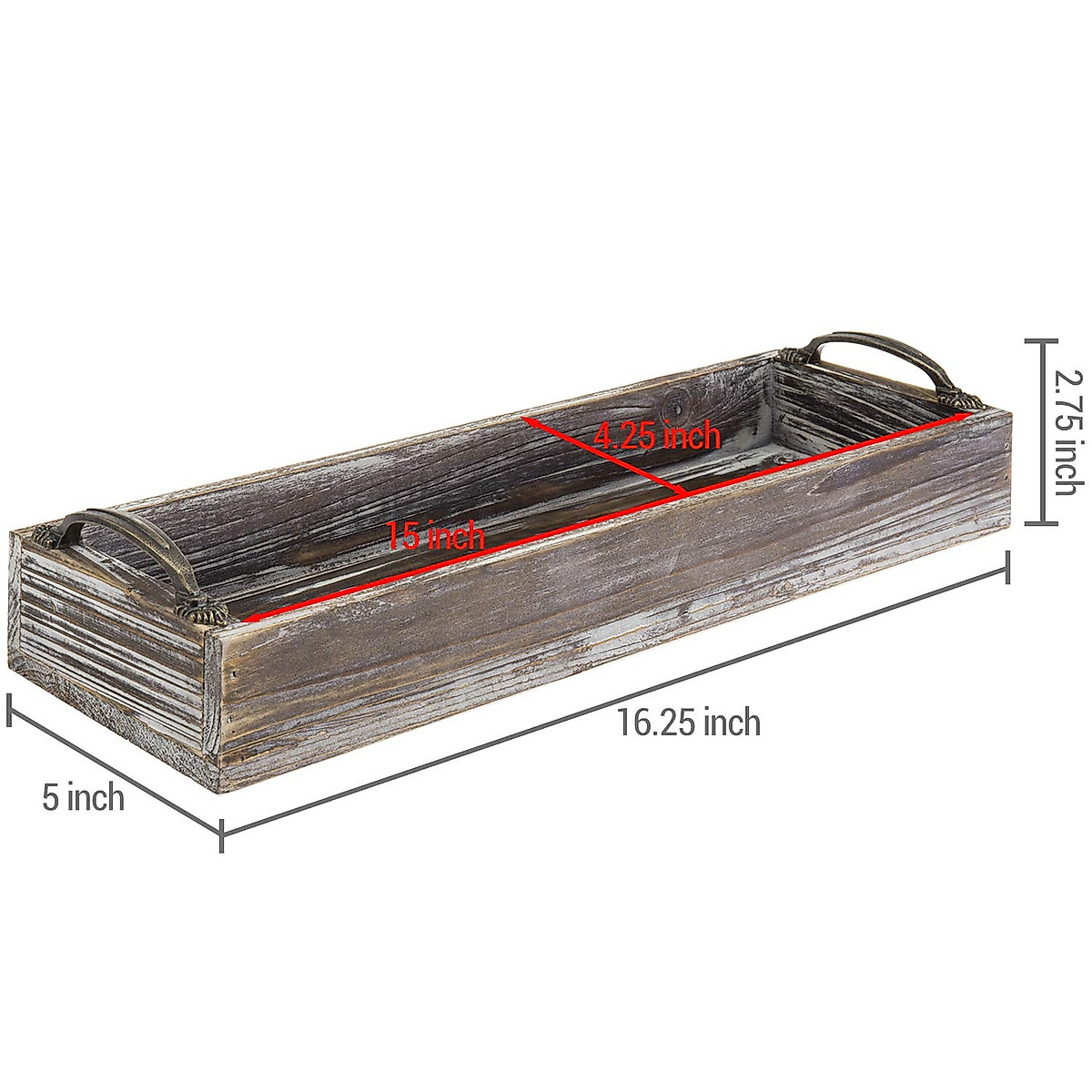 MyGift 16-inch Torched Wood Serving Tray with Decorative Antique Metal Handles | Farmhouse Decor Rectangular Butler Tray | Coffee Table/Dining Table Centerpiece Candle Holder Tray