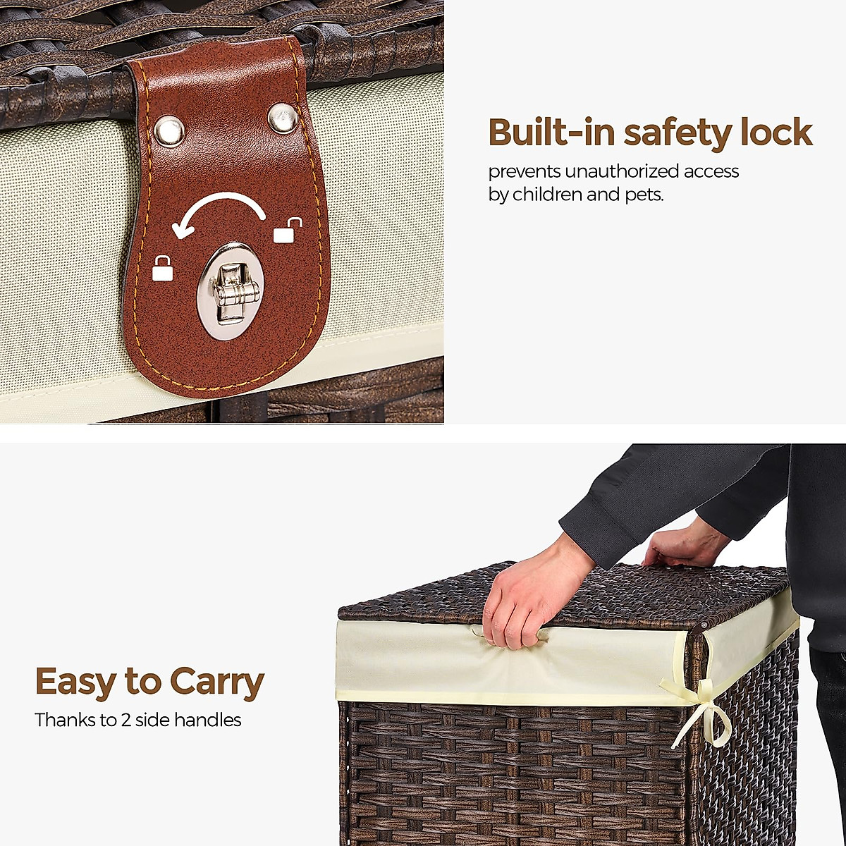 Honjourai Wicker Storage Basket with Lid,Rattan Shelf Basket with Removable Liner Bag,160L Storage Bin,Storage Trunk with Heightened Feet,Storage Container for Wardrobe,Home Organizer