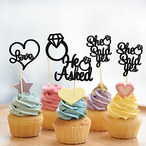 Gyufise 24 Pack Black Glitter He Asked She Said Yes Cupcake Toppers Glitter Heart Ring Cupcake Picks Decorations for Wedding Engagement Bridal Shower Party Supplies