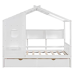 SIYSNKSI Kids House Bed with 2 Drawers and Storage Shelf, Twin Size Daybed Sofa Bed Frame with Roof and Window Design, Playhouse Design Daybed for Boys Girls Bedroom, No Box Spring Needed (White-G1)