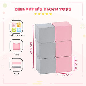 TRENDBOX 6 Pcs Toddler Foam Blocks, 5.5inch Soft Foam Cubes Blocks with Detachable Washable Cover, Soft Play Blocks for Toddlers and Kid （Light Gray/Pink）…