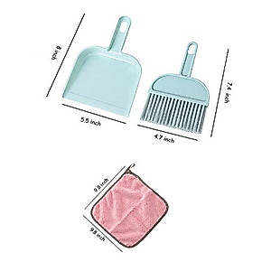 meioro Mini Dustpan and Brush Set, Multi-Functional Cleaning Tool with Hand Broom Brush, Plastic Dust Pan, Coral Fleece Cleaning Cloth, 2-in-1 Cute Helper Cleaning Set for Kids Toys Pets Car, Pink