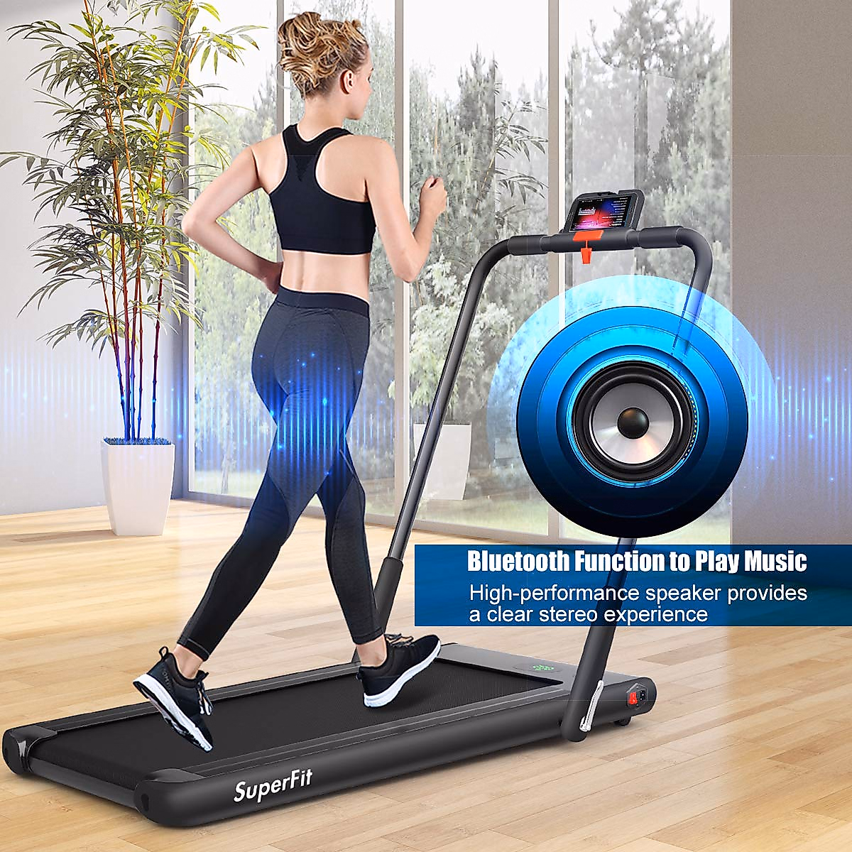 GYMAX Walking Pad, 2 in 1 Free Installation Under Desk Treadmill with Smart App, Remote Control & LED Display, 2.25HP Foldable Portable Compact Running Machine for Small Spaces Home Office (Black)