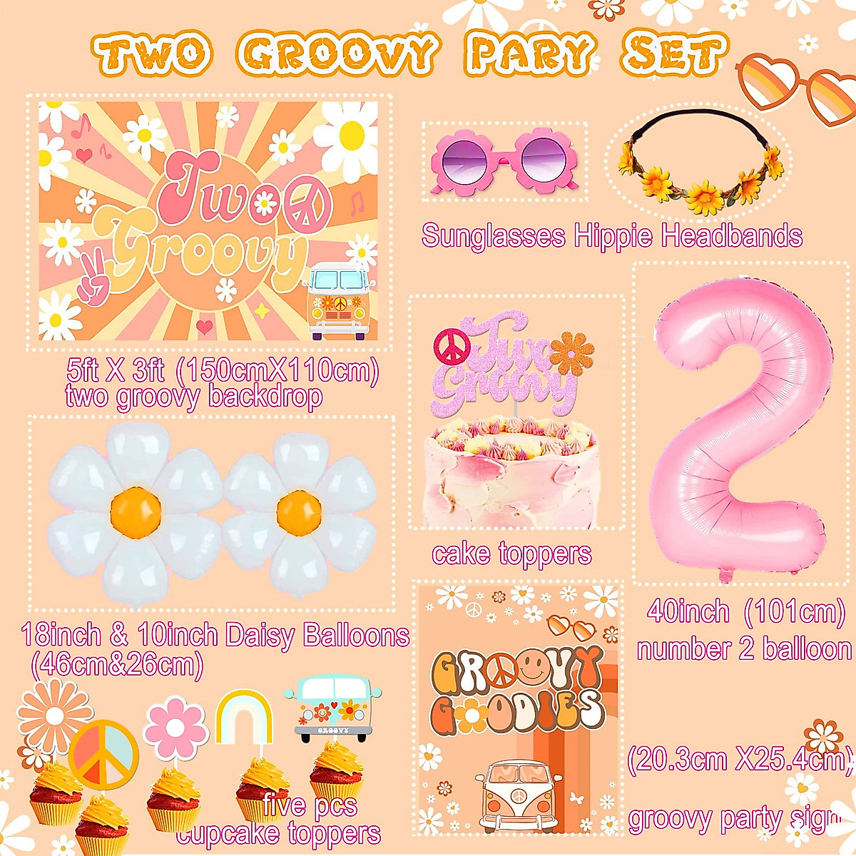 Two Groovy Party Decorations, Two Groovy Birthday Decorations, Groovy Balloon Arch, Backdrop, Two Groovy Cake Topper for Hippie Second Birthday Party Decorations, Girl’s 2nd Birthday