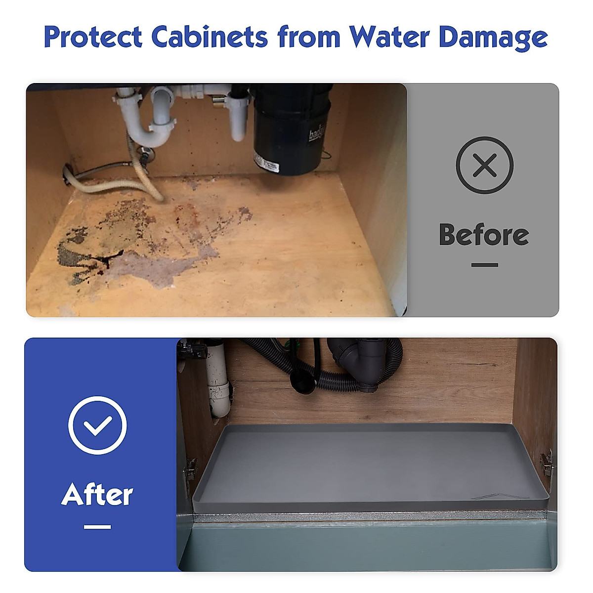 Under Sink Mat for Kitchen Waterproof, 34" x 22" Under The Sink Mat for 36'' Cabinet, FAKILO Upgraded 1 Inch Lip Flexible Thick Silicone Sink Mat Hold Up to 3.3 Gallons Liquid (Grey)