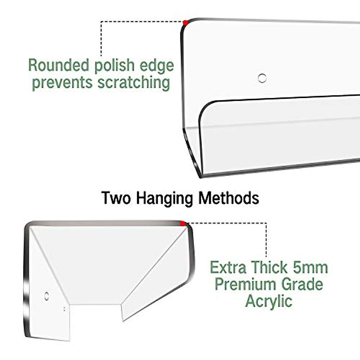 15'' Clear Shelf,Acrylic Floating Wall Ledge Shelves,Wall Mounted Nursery Kids Bookshelf,5MM Thick Invisible Spice Racks,U Shelves,Display Shelves for Office,Living Room,Bathroom,Kitchen,Set of 4