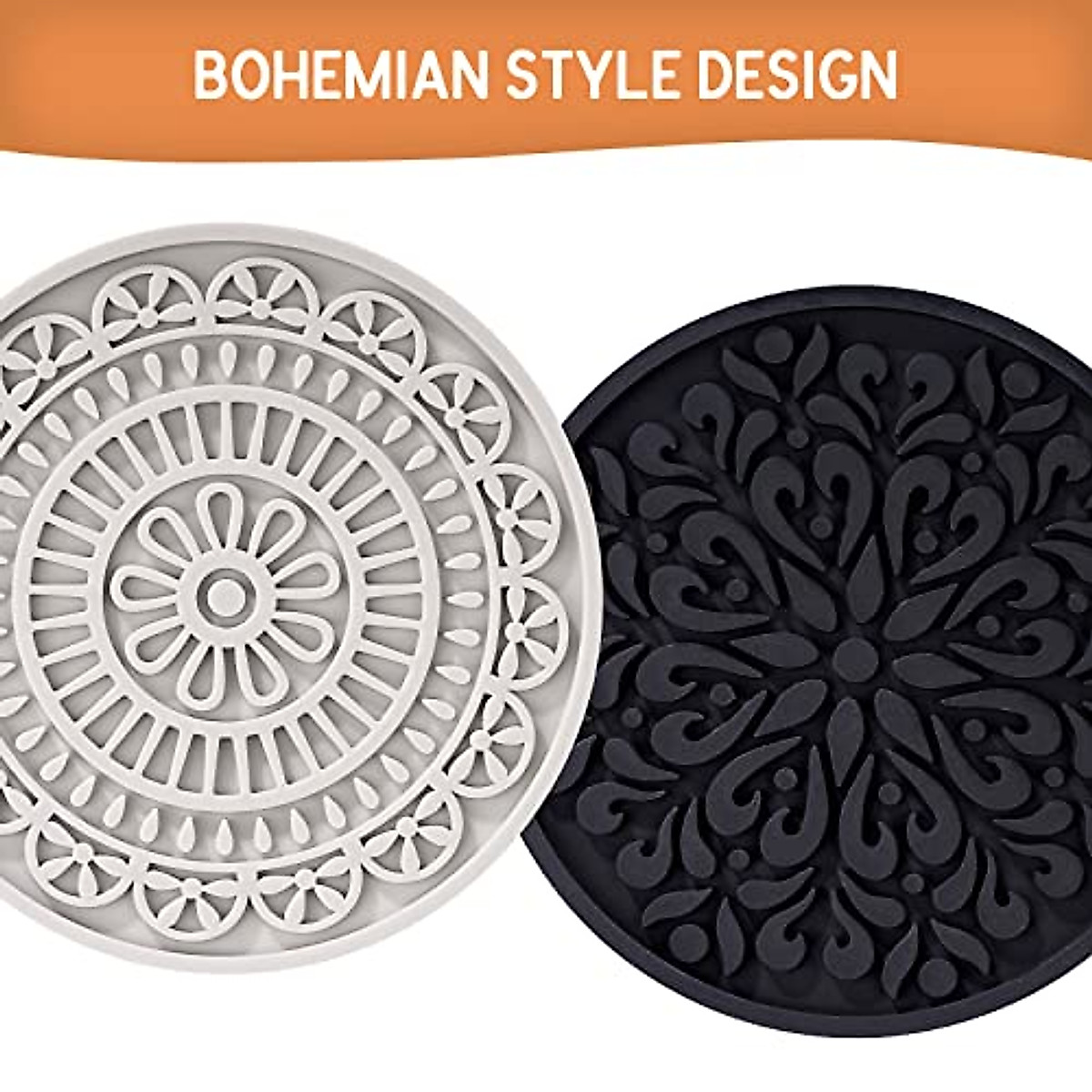 8 Pcs Boho Coasters for Drinks, Silicone Coasters with Holder, Boho Style Grooved Pattern, Tabletop Protection Coasters for Outdoor, Indoor, Coffee Table, Kitchen, Office, Bar, Heat Resistant