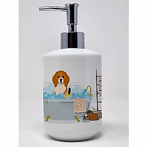 Caroline's Treasures WDK5737SOAP Tricolor Beagle in Bathtub Ceramic Soap Dispenser Hand Soap Dispenser Pump Bottles for Bathroom Kitchen, Empty Refillable Liquid Soap Container