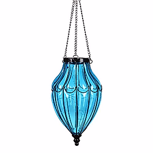 Exhart Outdoor Garden Solar Lights, Blue Glass Hanging Garden Lantern with Waving Metal Pattern, 15 LED Firefly Lights, 7.5 x 25 Inch