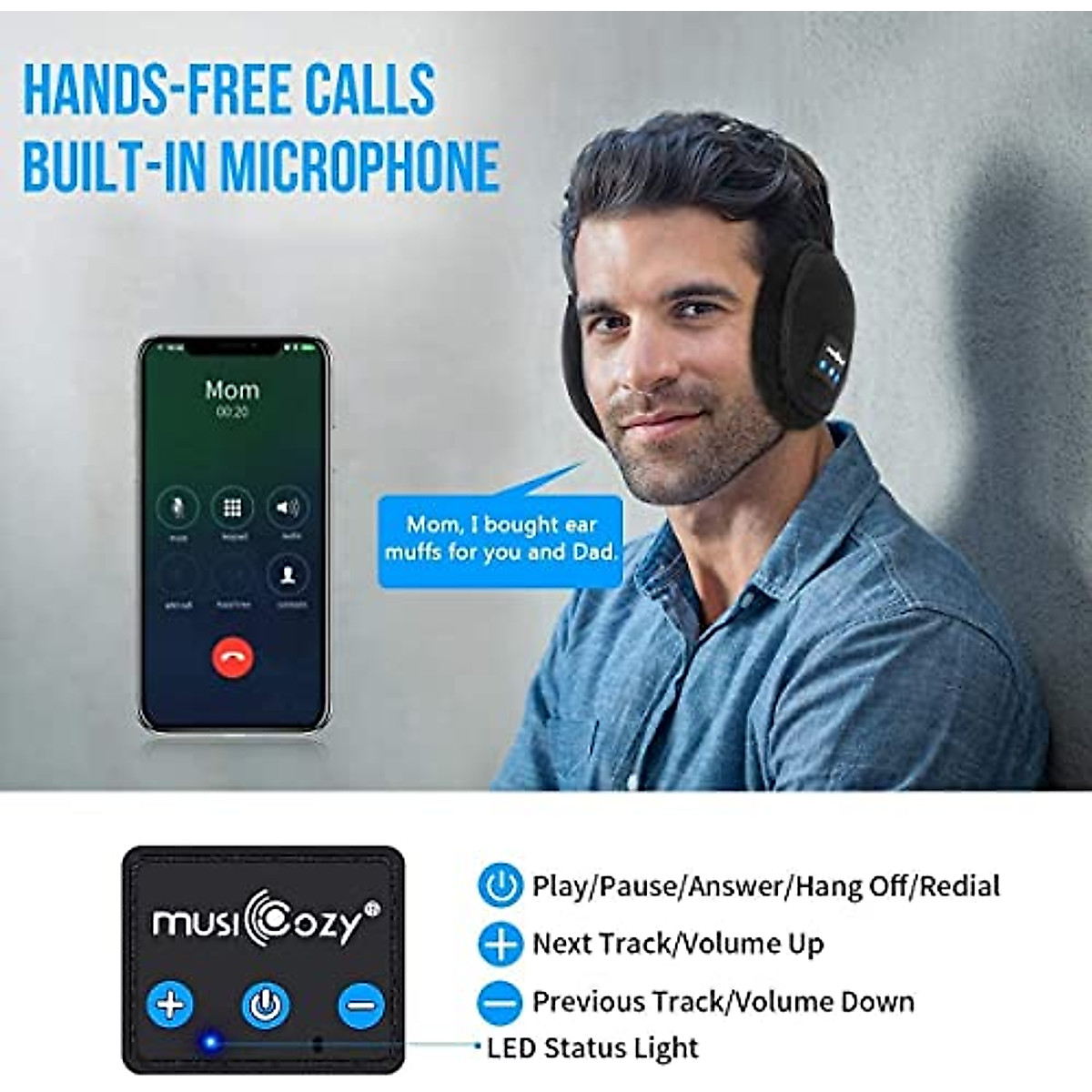 MUSICOZY Ear Warmers Earmuffs Sleep Headphones Bluetooth Headband Eye Mask Sleeping Earbuds for Winter Side Sleepers Workout Running Insomnia Travel Yoga Office Cool Gadgets Tech Unique Gifts, 2 Pack