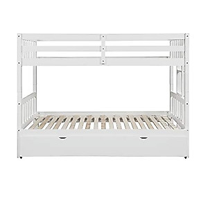 KLMM Twin Over Pull-Out Bunk Bed with Trundle, Wooden Twin Over Twin/Full/Queen/King Accommodate 4 People Extendable Bunk Beds with Ladder and Safety Rail (White)