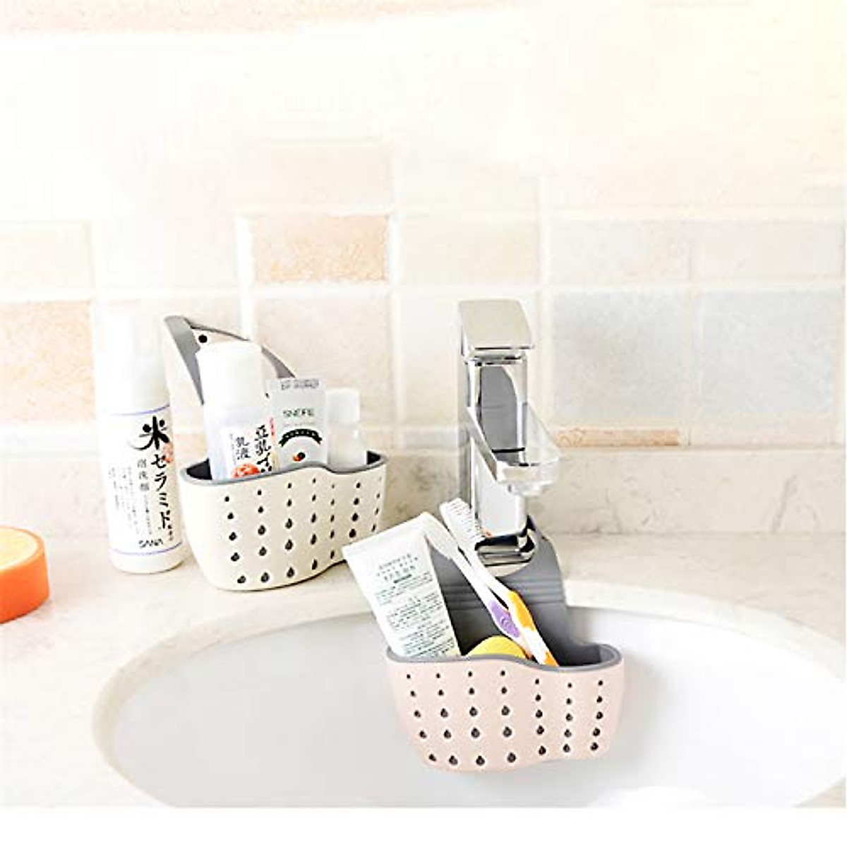 YYaaloa Sink Basket Sink Strainers Basket Kitchen Drain Shelf Sink Storage Holder (style 2- Beige)