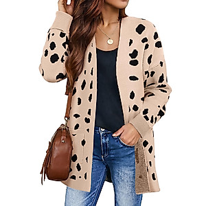ZESICA Women's Fall Winter Long Sleeves Open Front Leopard Print Knitted Sweater Cardigan Coat Outwear,A Beige,Medium