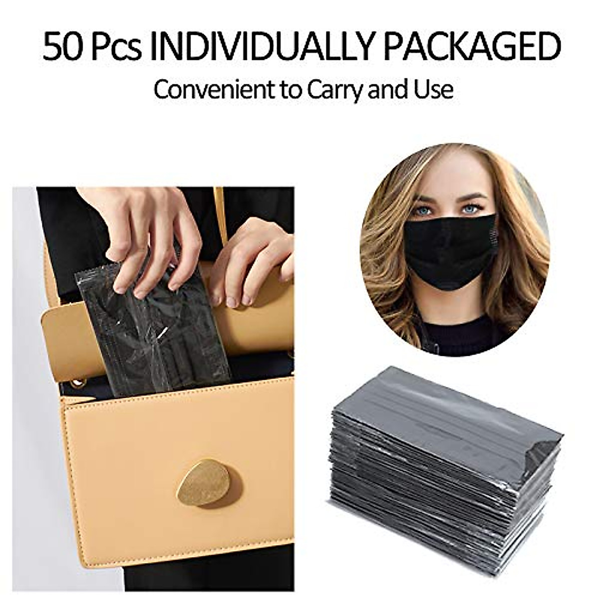 Pack of 50 Disposable Face Mask 3-Ply Breathable & Comfortable Safety Mask, Protective Masks for Indoor and Outdoor - Individually Wrapped (Black Mask)
