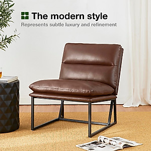 glitzhome Mid Century Modern Accent Chair, Coffee Thick Leatherette Chair with Metal Frame, Side Chair with Backrest, Upholstered Leisure Chair for Living Room, Bedroom, Office,1PC