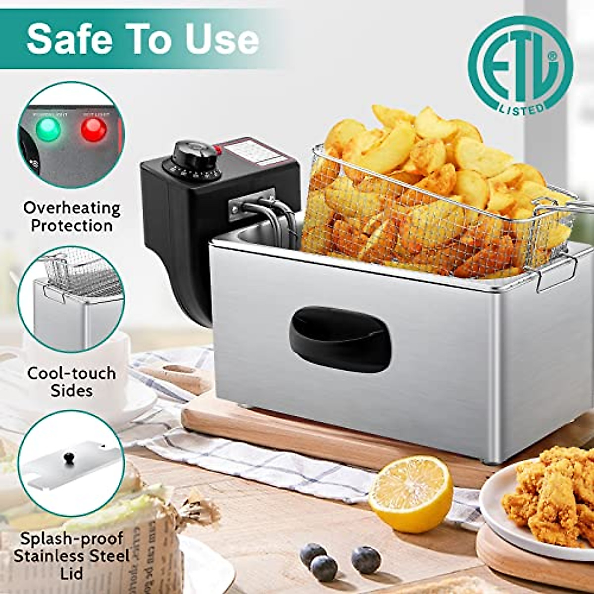 SUEWRITE Deep Fryer with Basket, 4.2 Qt Stainless Steel Electric Deep Fryer 1650W Oil Fryer Pot with Temperature Control Cool Touch Sides Silver