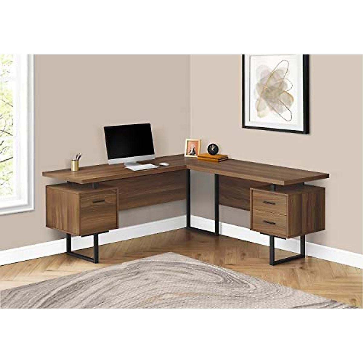 Monarch Specialties 7610 Computer Desk, Home Office, Corner, Left, Right Set-up, Storage Drawers, 70" L, L Shape, Work, Laptop, Metal, Laminate, Walnut, Black Desk-70 R Face, 71" L x 71" W x 30" H
