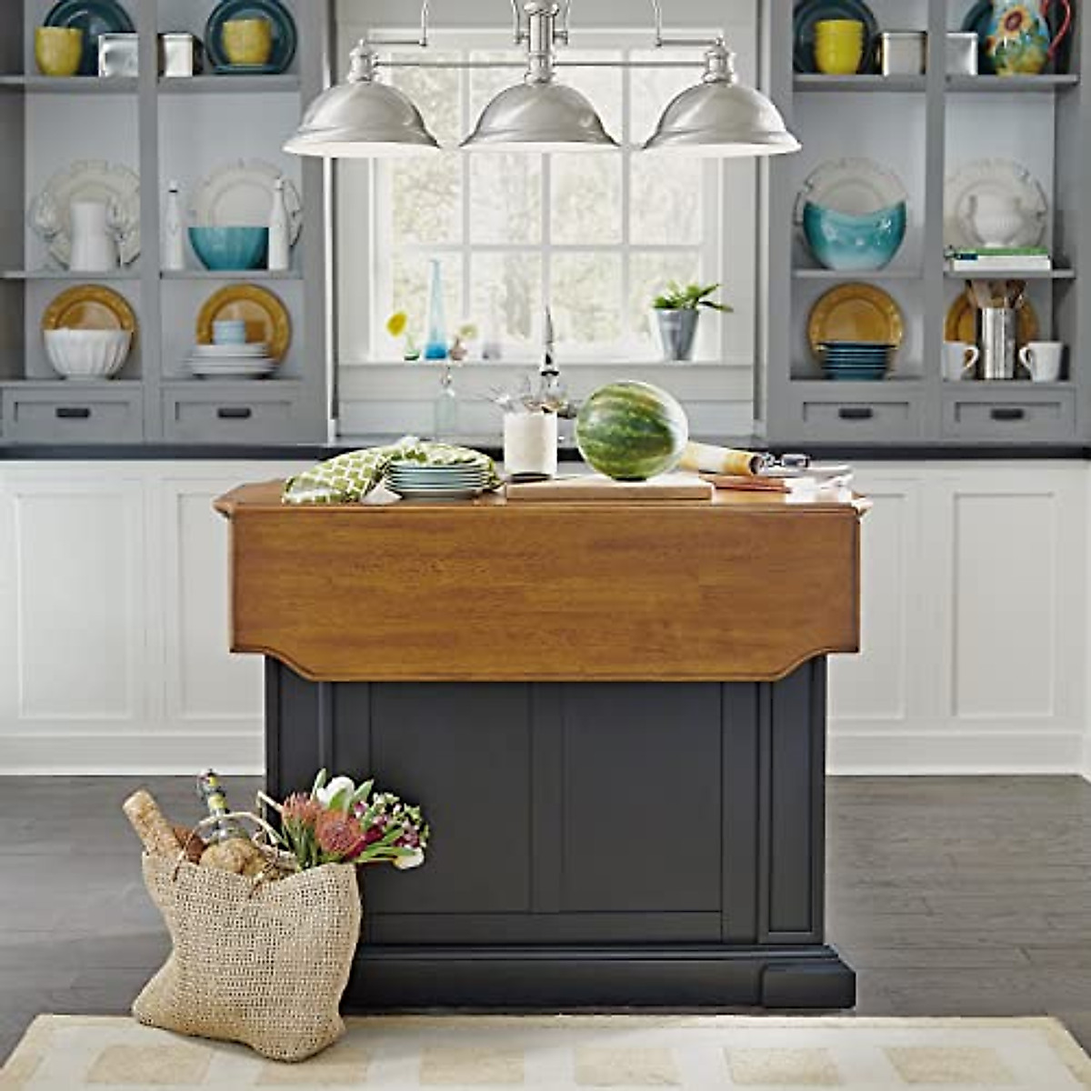 homestyles Americana Kitchen Island with Wood Top and Drop Leaf Breakfast Bar, Storage with Drawers and Adjustable Shelves, 50 Inch Width, Black and Oak