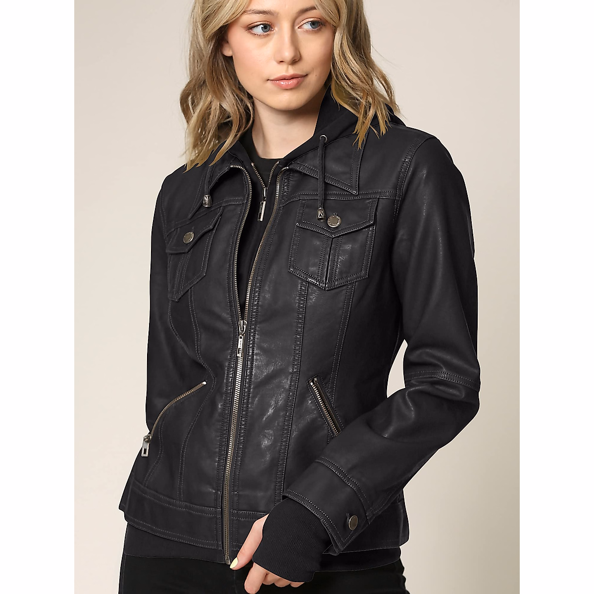 Made By Johnny MBJ WJC664 Womens Faux Leather Jacket with Hoodie M Black