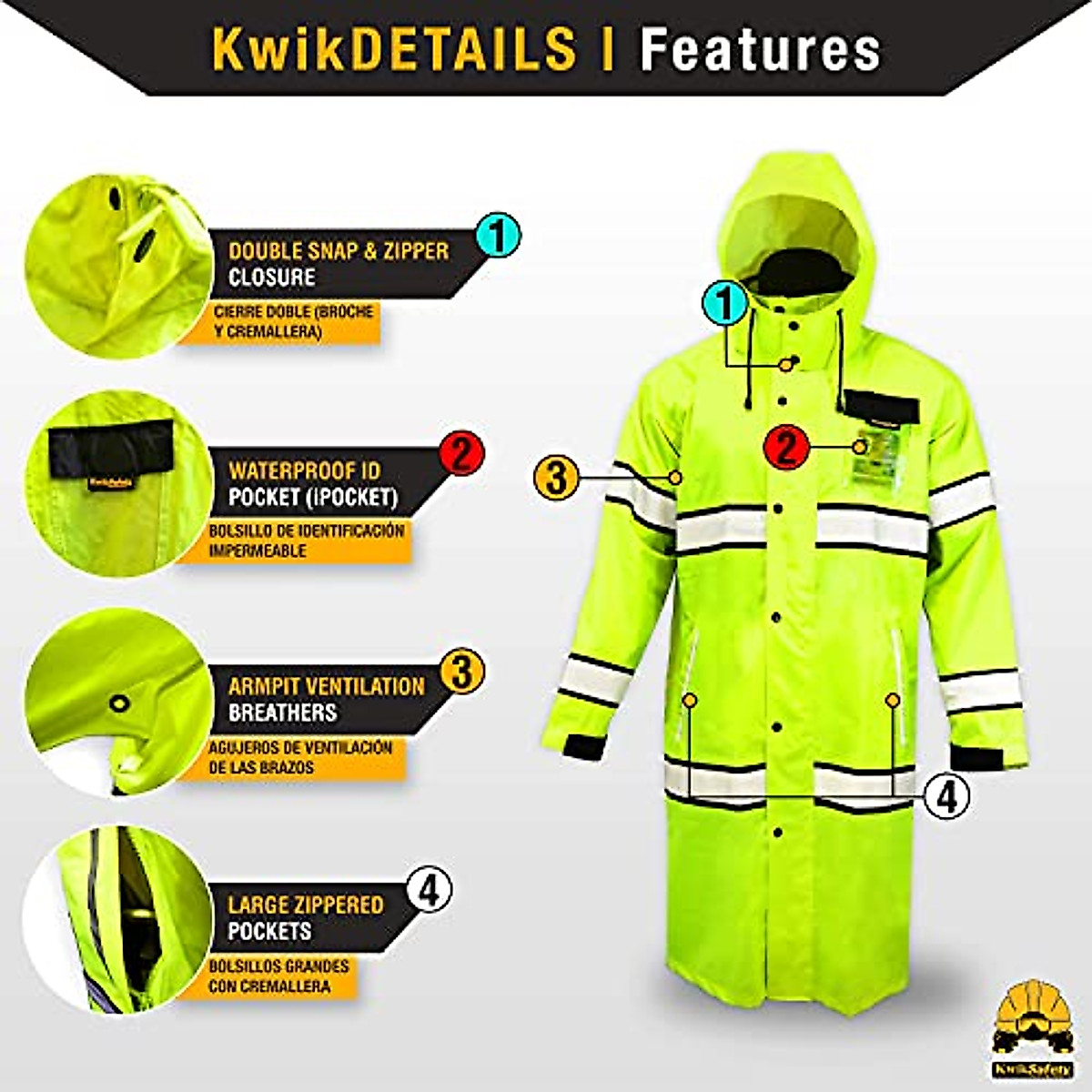 KwikSafety - Charlotte, NC - TORRENT High Visibility Rain Gear - FOLDABLE HOOD - Class 3 ANSI OSHA Reflective Waterproof Trench Safety Jacket/XL