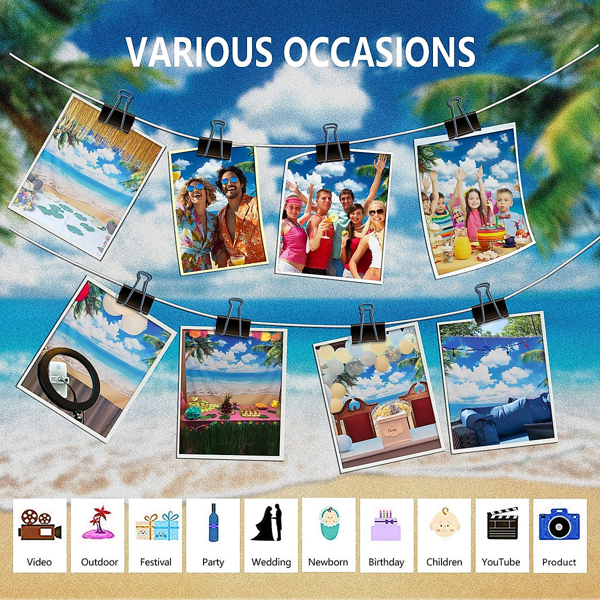 Humkat Hawaiian Beach Ocean Backdrop, 7X5FT Cloth Fabric Summer Tropical Party Background for Indoor and Outdoor Decoration, Palm Tree Sea Backdrop Banner for Photoshoot, Reusable and Washable