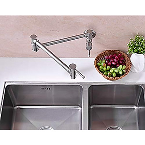 GICASA Pot Filler Faucet Wall Mounted, Double Joint Swing Arm Single Hole Pot Filler Faucet Brushed Nickel, Two Handles Brass Folding Stretchable Kitchen Faucet Pot Filler
