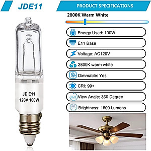 4 Pack JDE11 Bulb,120V 100W Halogen Candelabra Bulbs,T4 Mini Base JD E11 Bulb ,Dimmable 2700K Warm White（Replacement E11 LED bulb,for Chandeliers,Candelabra,Ceiling Fan, Table Lamps, Cabinet Lighting
