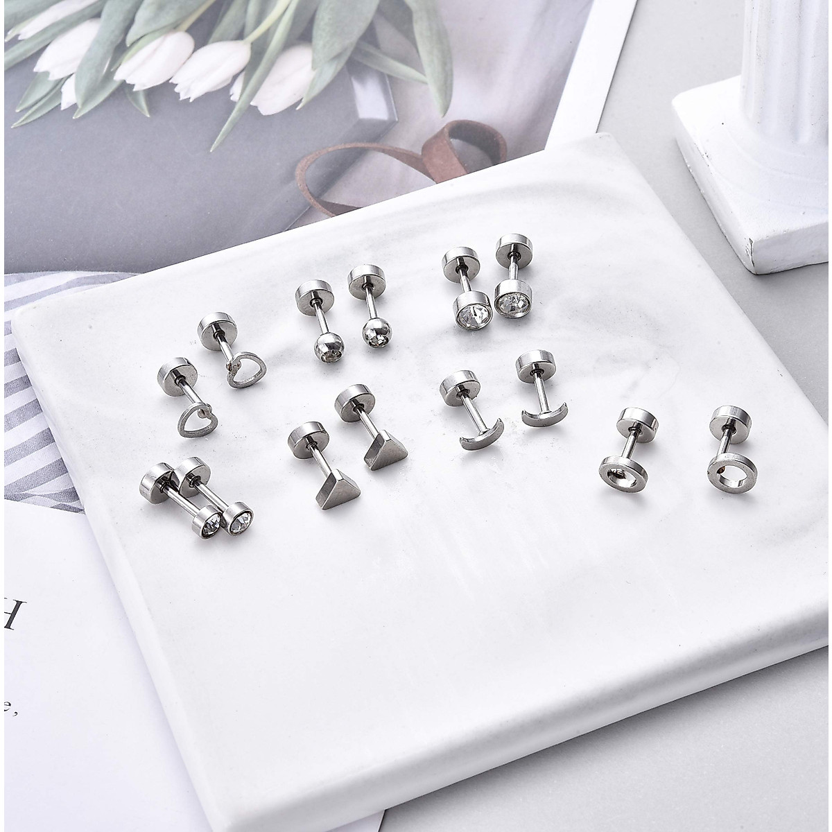 Vegolita 18Pairs 20G 18G Stainless Steel Tiny Stud Earrings for Women Cartilage Helix Earrings Ball Star CZ Earrings