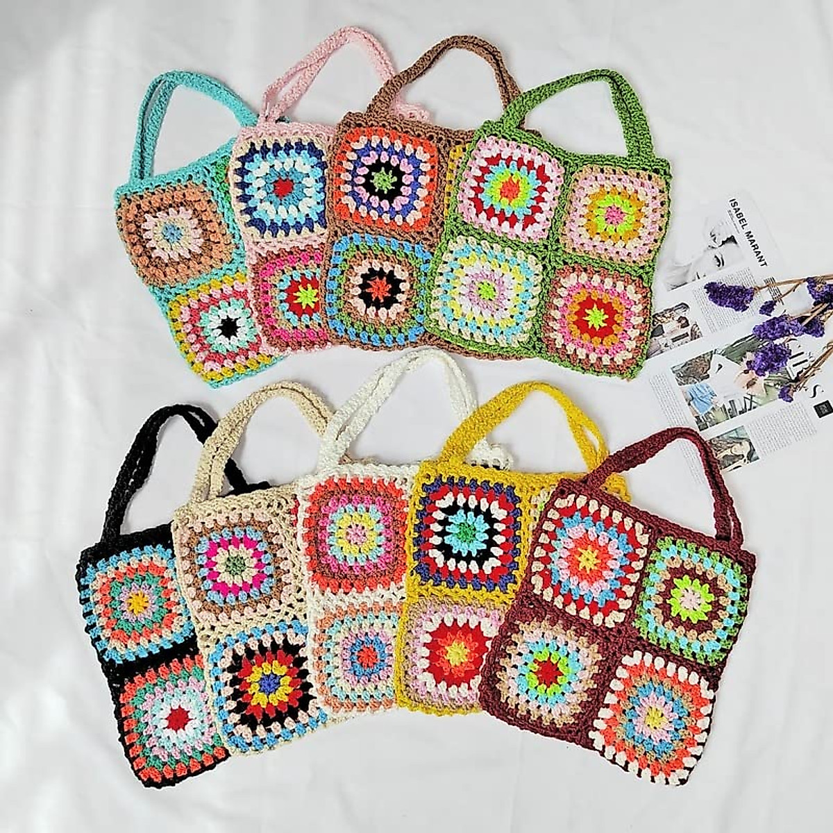 White Granny Square Handmade Crochet Flowers Shoulder Vintage Style Tote Bag Romantic Handbags Diy Kintting 01Sky blue