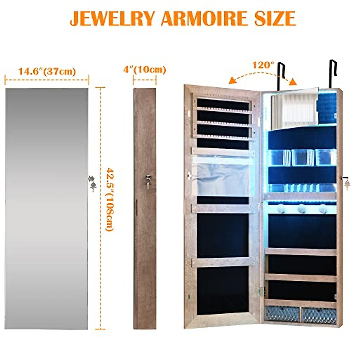 Vlsrka Mirror Jewelry Cabinet with 3 LED Lights, Wall/Door Mounted Jewelry Armoire Organizer with Full Length Mirror Large Capacity Storage Hanging Cabinet, Built-in Lighted & Movable Makeup Mirror