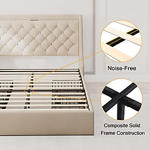 Einhomn Upholstered King Size Bed Frame with 4 Storage Drawers, Platform Bed Frame with Wingback Headboard, Charging Station, No Box Spring Needed, Beige