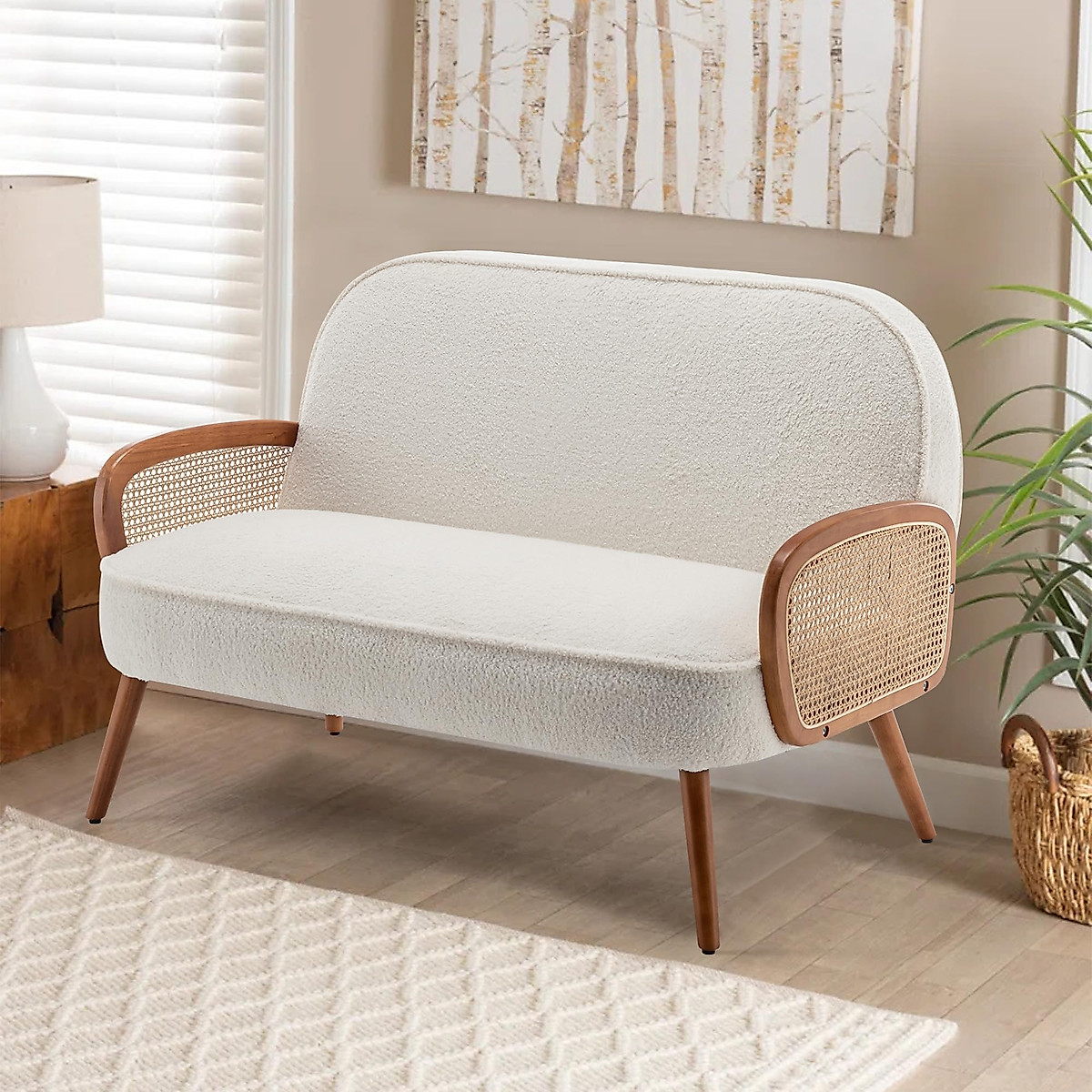 Aklaus 45" W Small Loveseat with Natural Rattan Arms,Upholstered Modern Mini Sofa Couch Love Seat Settee Bench with Back for Living Room Bedroom Office Small Space Entryway Teddy White