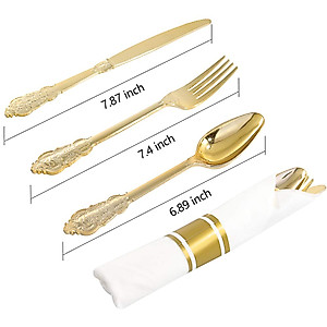 I00000 30 Guest Pre Rolled Napkins with Gold Plastic Silverware, Premium Disposable Cutlery Set Includes: 30 Forks, 30 Knives, 30 Spoons, 30 Napkins