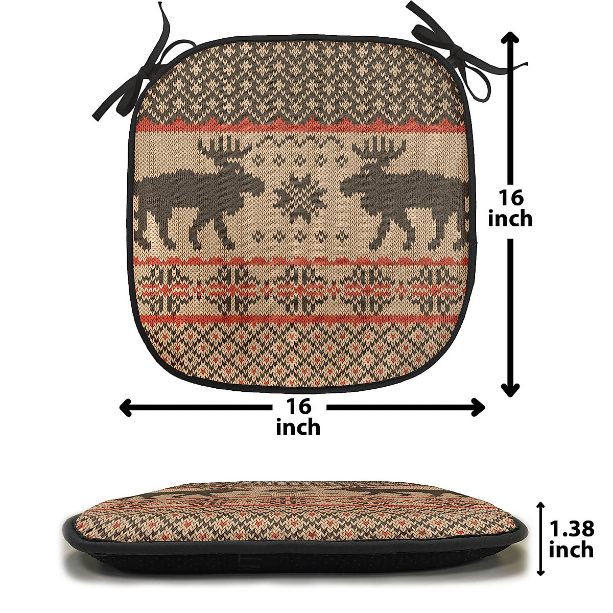 Lunarable Cabin Chair Cushion Pads Set of 4, Knitted Swatch Deers and Snowflakes Classical Country Plaid Digital, Anti-Slip Seat Padding for Kitchen & Patio, 16"x16", Brown Vermilion Ivory