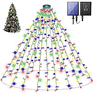 Eoako Christmas Tree Decorations Lights Outdoor - 350 LED 6.7FT x 14 Lines 8 Modes Solar Powered Christmas String Lights Waterproof for Christmas Tree, New Year, Holiday Decor Multicolor