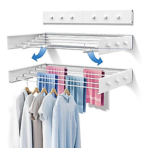 Muibe Upgrade 6 Knob Hooks Wall Mounted Clothes Drying Rack, Foldable Collapsible Wall Mount Laundry Drying Rack Indoor, Drying Rack Clothing, Towel Drying Rack with Wall Template, 5 Rods, 31.5"
