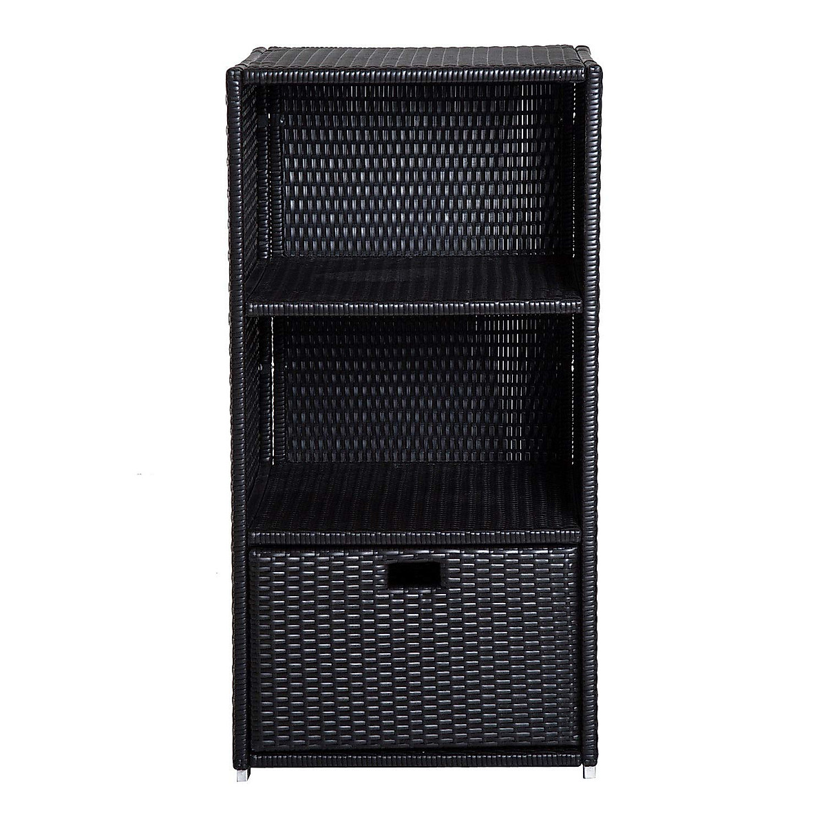 PE Rattan Wicker Outdoor Pool Towel Water Bottles Robes Valet Stand Organizer Rack Storage Cabinet 2 Upper Storage Shelves 1 Bottom Drawer for Storing Creams Lotions and Sunscreen