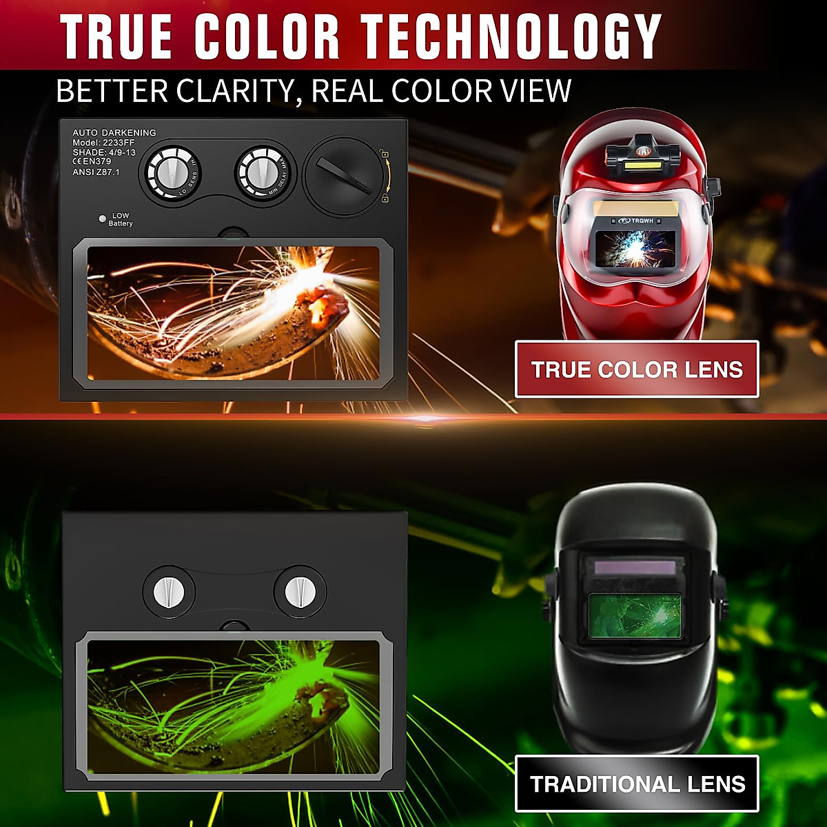 TRQWH Auto Darkening Welding Helmet with Light Solar Powered True Color Welding Hood 2 Arc Sensor Wide Shade 9-13 Welding Mask with Extra Grinding Mode Weld Helmet (KTS-KP03)
