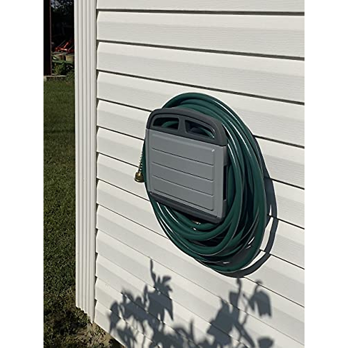 HelpMate Plastic Garden Water Hose Holder Wall Mount with 2 Shelf Cabinet for Garden Tools and Supplies- Matching Grey 8-pattern Garden Hose Spray Gun Included - holds up to 150 ft. Garden Hose