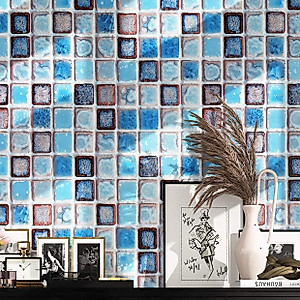 Livelynine Waterproof Wallpaper for Bathroom Shower Wall Decorative Contact Paper Self Adhesive for Furniture Stickers Kitchen Backsplash Tiles Peel and Stick Counter Removable Blue Mosaic 15.8"x78.8"